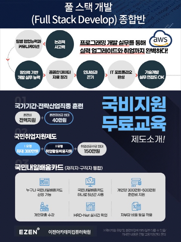 이젠아카데미컴퓨터학원 Aws 클라우드 기반 풀스택 자바java 웹개발자프론트엔드and백엔드 국비지원 수강생 모집